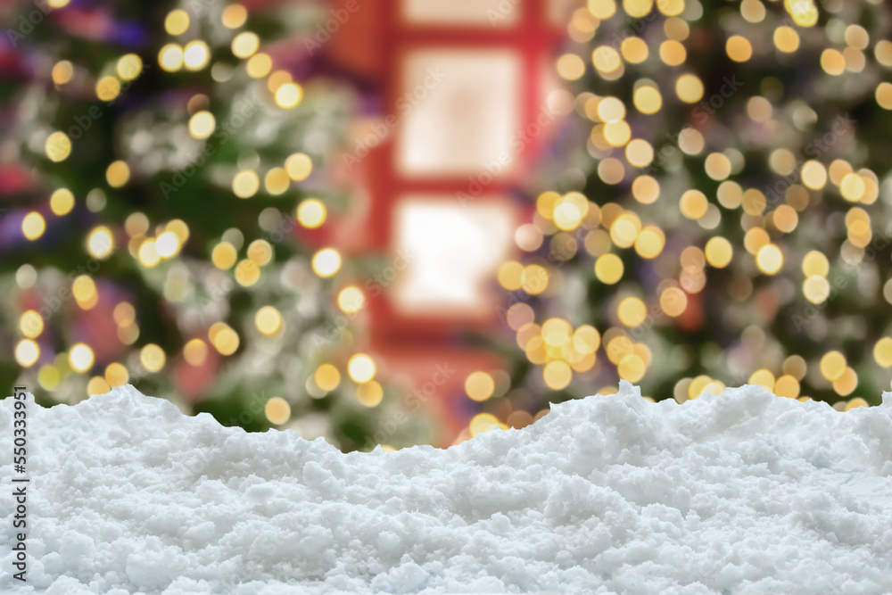Empty white snow with blur Christmas tree with bokeh light background ...