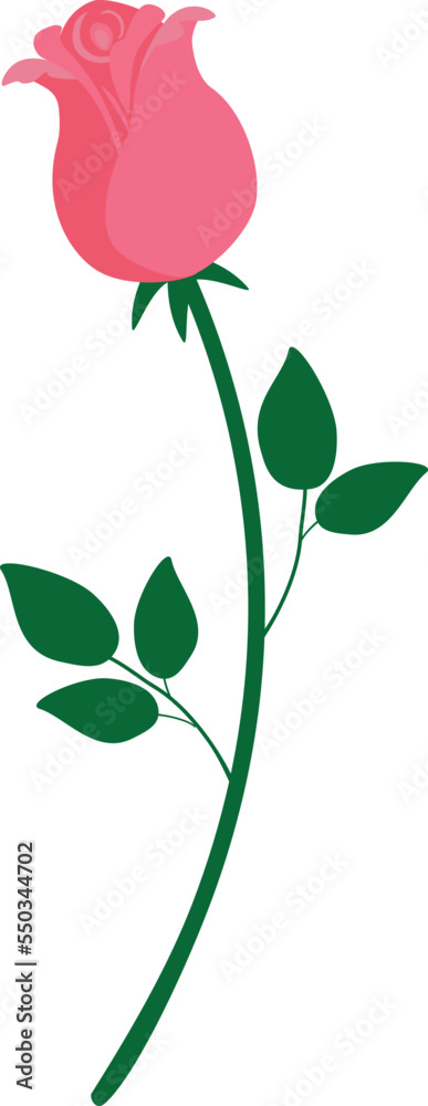 Vector illustration of pink rose with green leaves in cartoon style ...