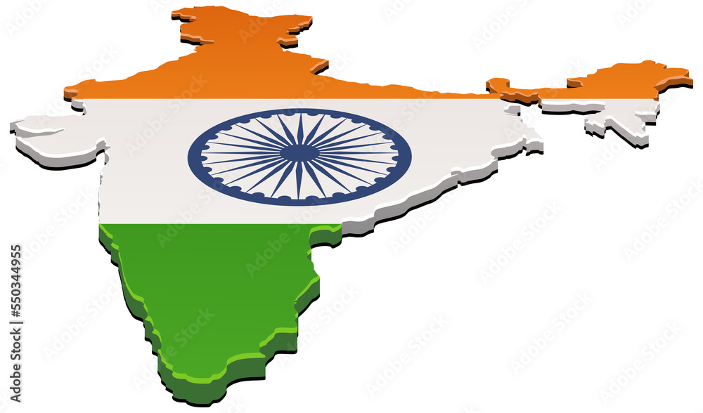 3D map of India in the colors of the Indian flag with the symbol of ...