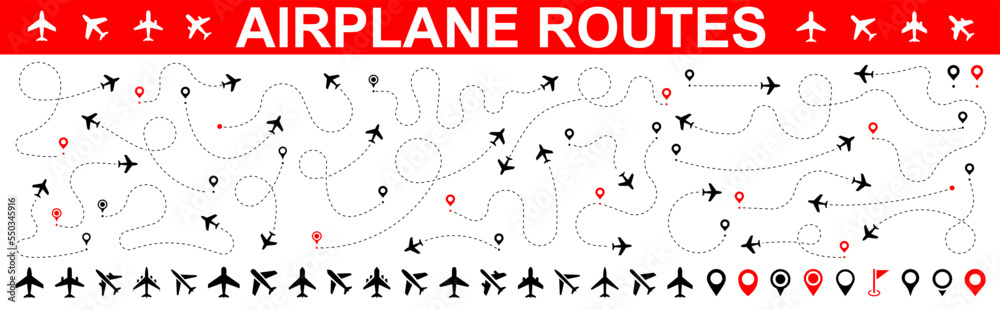 Airplane routes set. Plane route line. Planes dotted flight pathway ...
