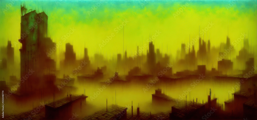 Surreal futuristic World with bizarre buildings in a misty environment ...