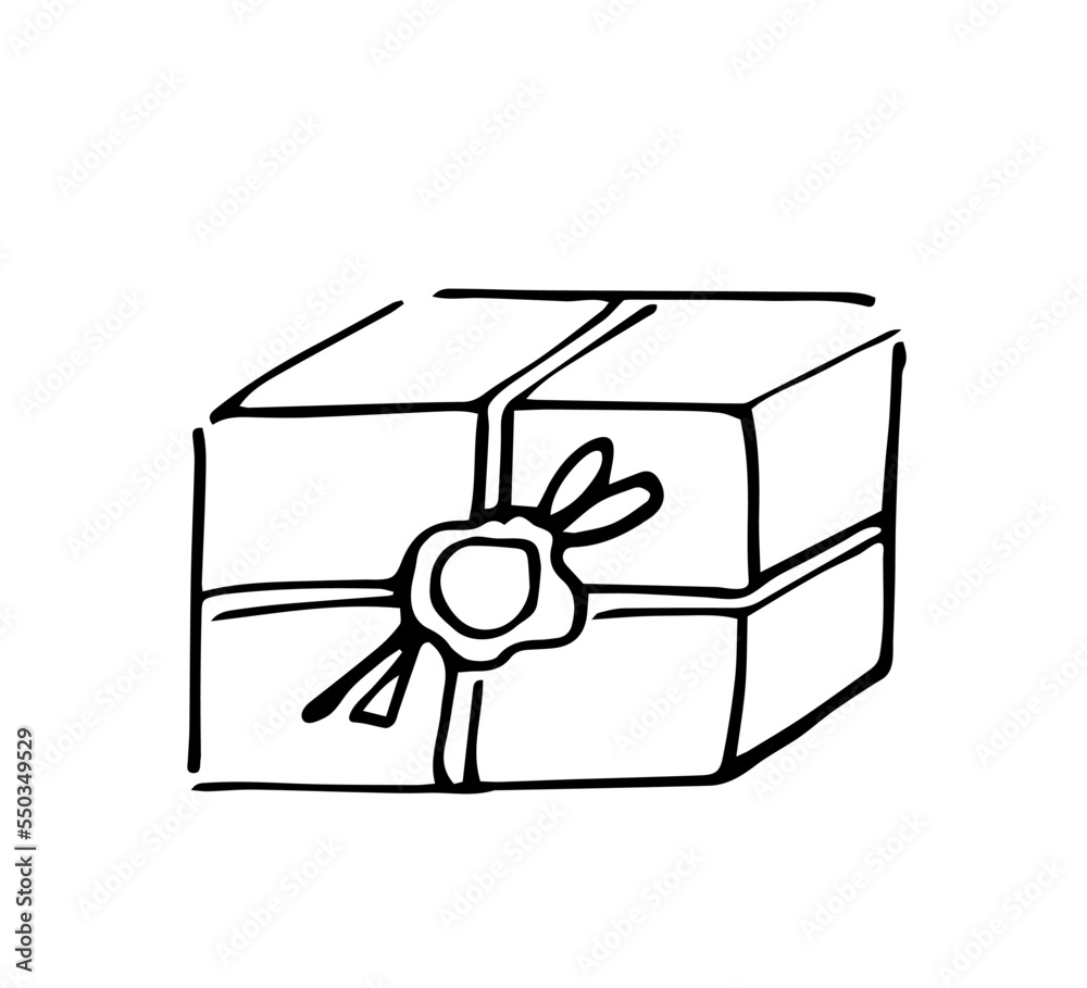 Simple black outline vector drawing. Box with wax seal, packaging ...