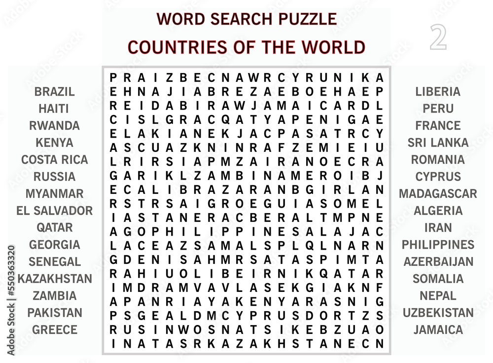 Word search puzzle vector (Word find game) illustration. Countries of ...