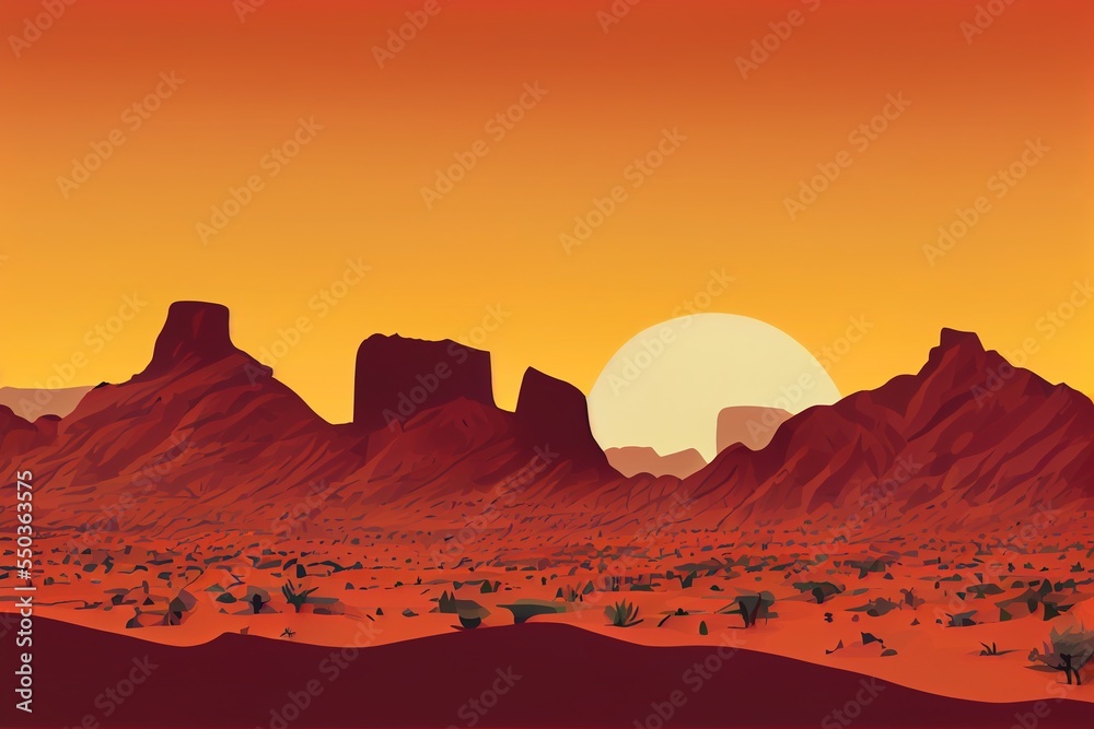 Desert sand landscape with mountains and cactus silhouette on the wild ...