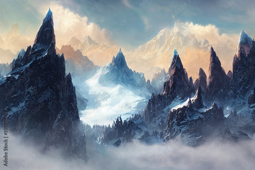 Fantasy Snow Mountain. Fiction Backdrop. Concept Art. Realistic Illustration. Video Game Digital ...