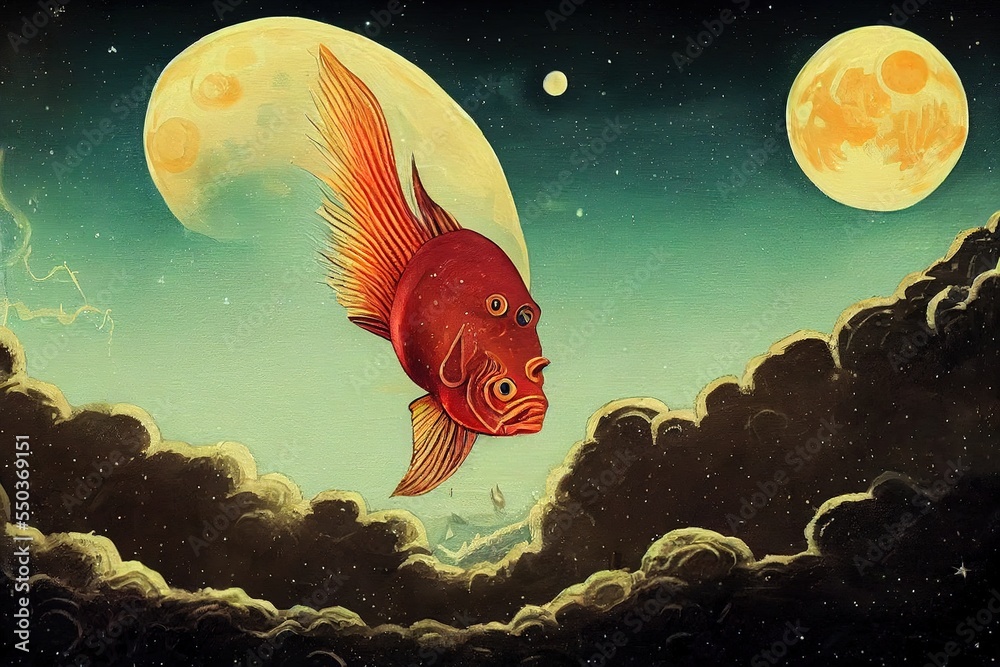Fantasy scene boyriding red giant fish to the moon in starry night ...