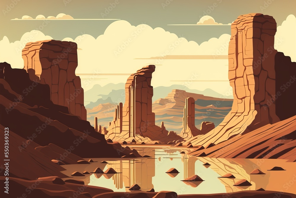 Arizona like valley desert landscape with river stream and towering ...