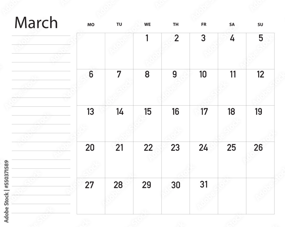 Simple calendar organizer 2023 grid with lettering month name March ...