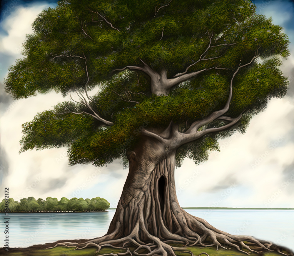 A huge banyan tree with a massive trunk and large roots. Stock ...