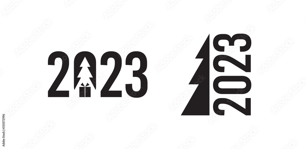 New year 2023. A set of black and white logos, icons with Christmas ...