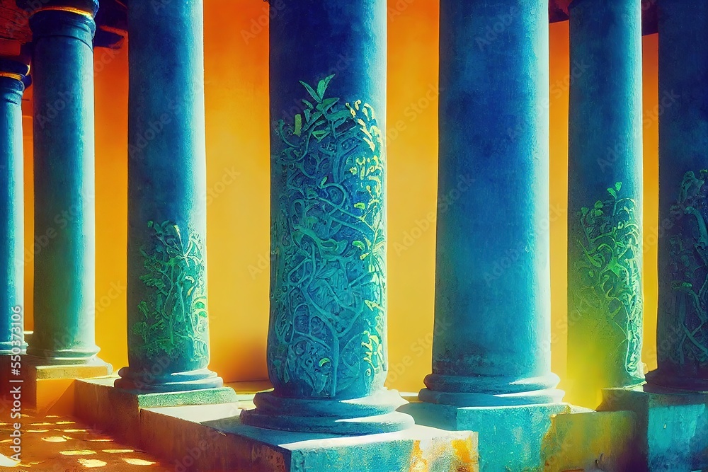 exterior of a marvellous ancient babylonian palace, blue glazed bricks ...