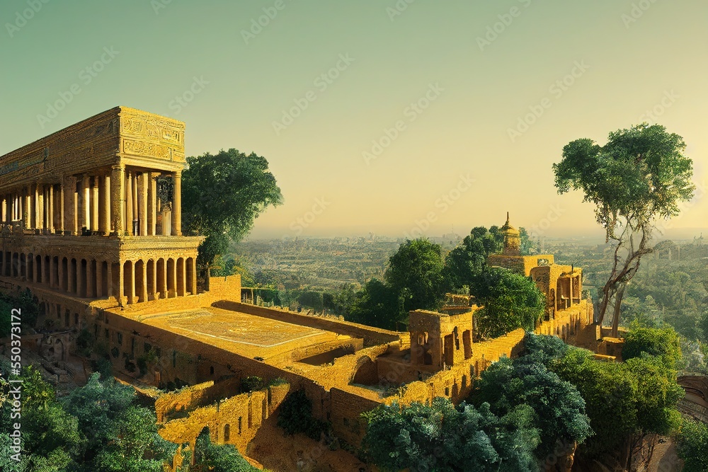 exterior of a marvellous ancient babylonian palace, blue glazed bricks ...