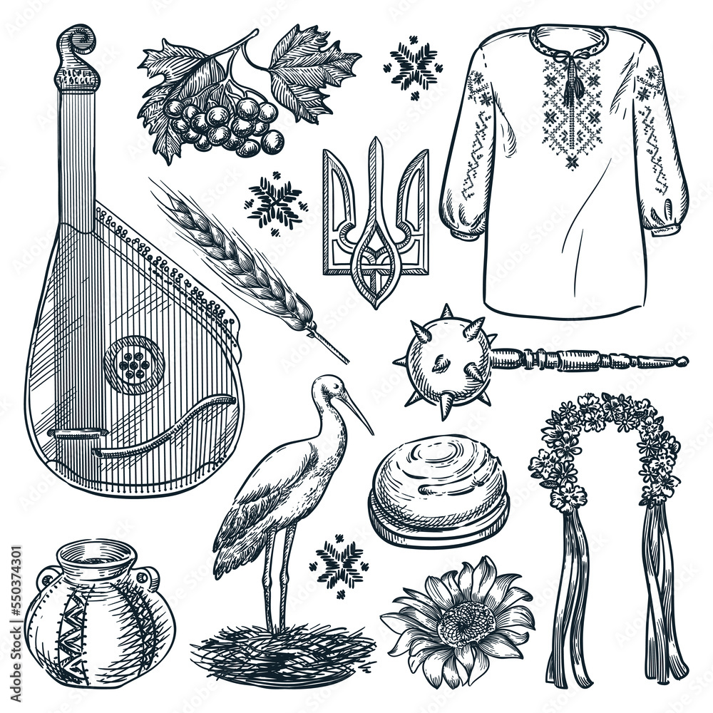 Ukrainian national symbols and icons. Vector hand drawn sketch ...