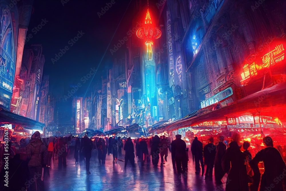 colorful city lights, neon signs, futuristic mythcore magipunk shops ...