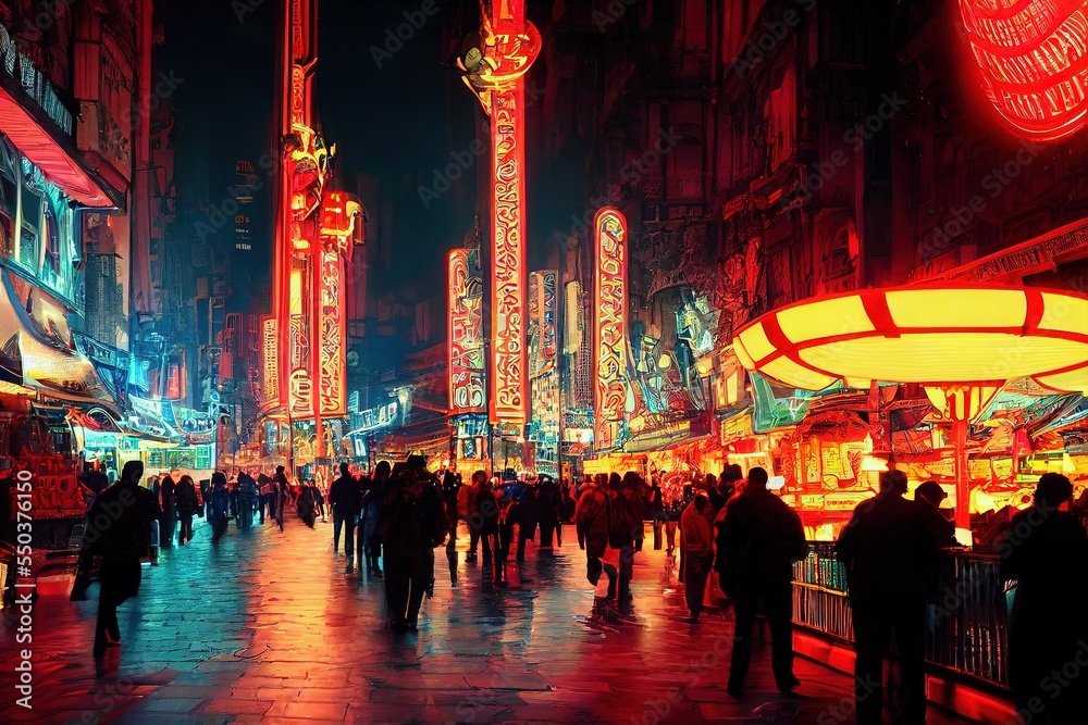 colorful city lights, neon signs, futuristic mythcore magipunk shops ...