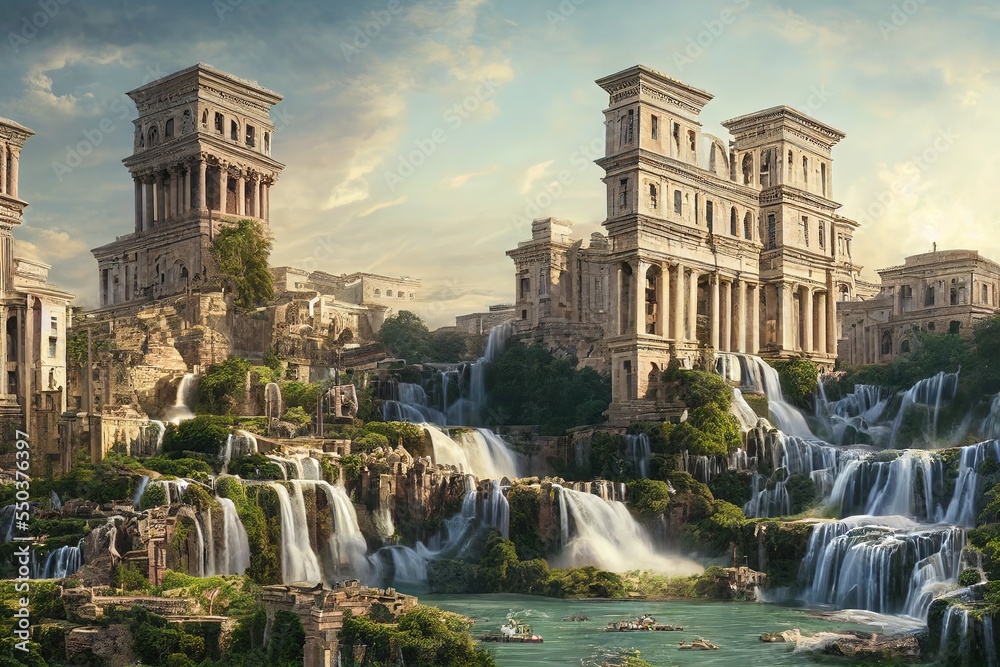 Sprawling towering Roman marble architecture fort-city, with waterfalls ...