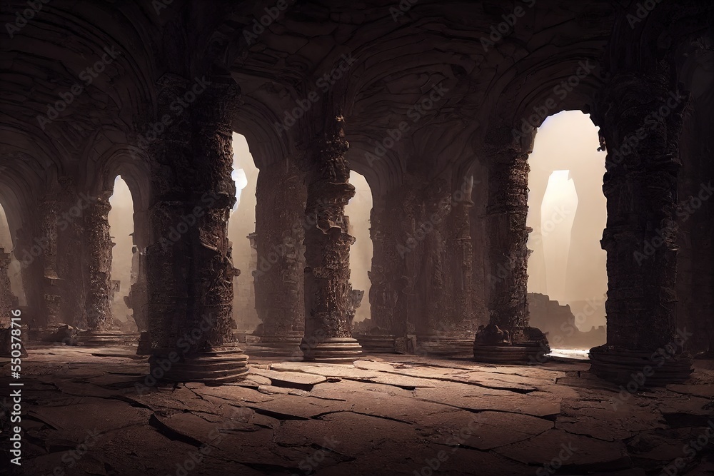 underground temple, dark cavern with crystals, columns with ruins ...