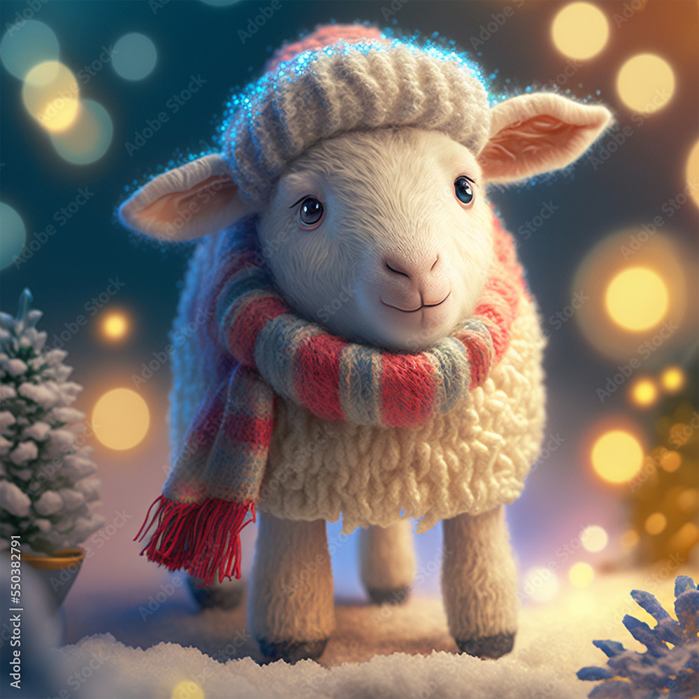 cute sheep wearing scarf on snowy night with bokeh light of Christmas ...