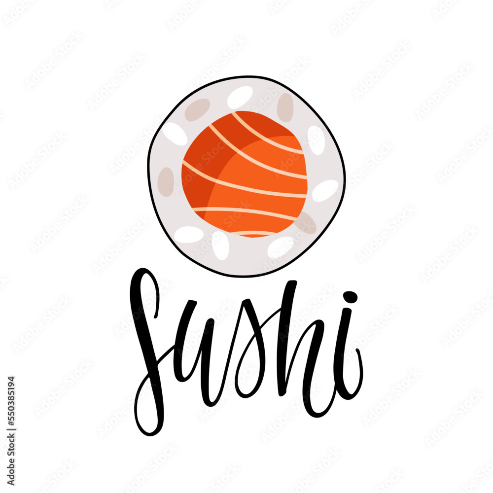 Sushi logo. Hand written inscription with flat sushi vector. Lettering ...