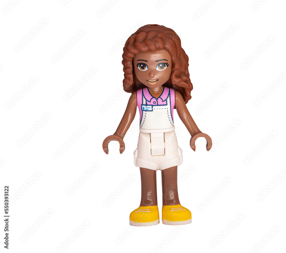 Solo female Lego character with a name tag and an apron, transparent ...