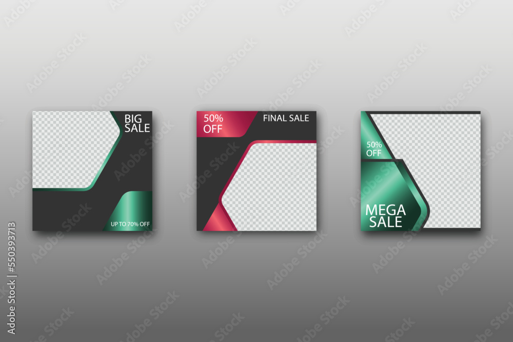 Set of Editable minimal square banner template. Vibrant gradient color ...