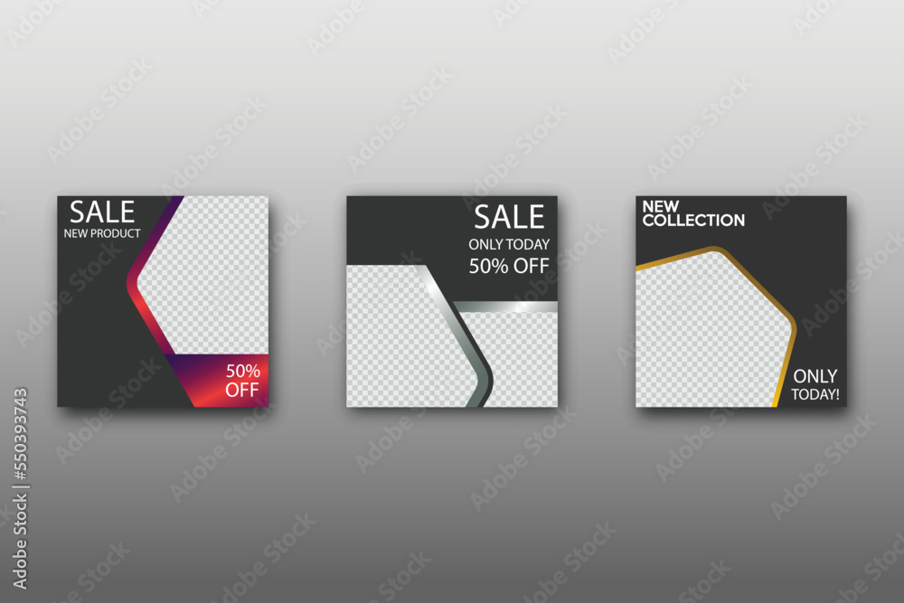 Set of Editable minimal square banner template. Vibrant gradient color ...