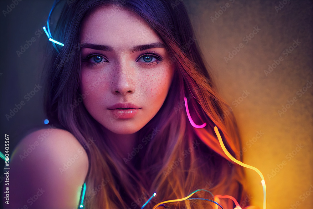 photorealistic painting of an adorable AI generated brunette with ...