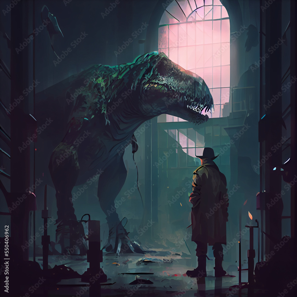 A hunter looked at the captured T-rex in an abandoned lab, digital art ...