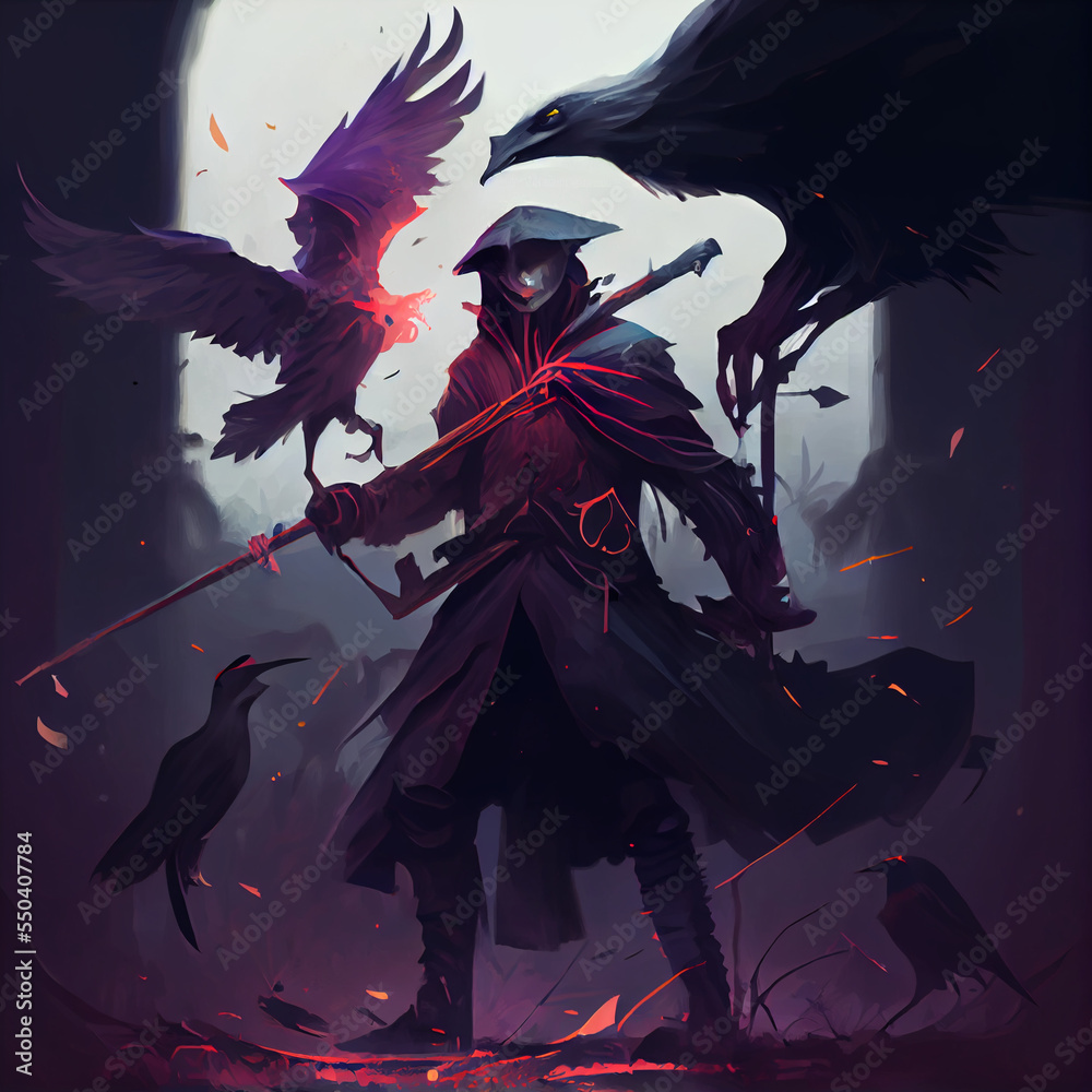Fight scene of the man with magic wizard staff and the devil of crows ...