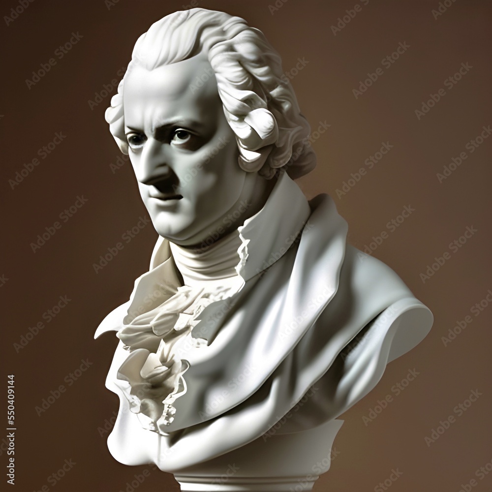 3D illustration marble bust of the classical musician Wolfgang Amadeus Mozart. Mozart, the ...
