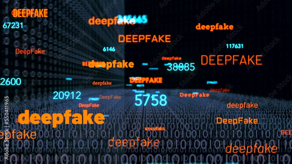 Deepfake, fake identity. Room with numbers, binary strings, the word ...