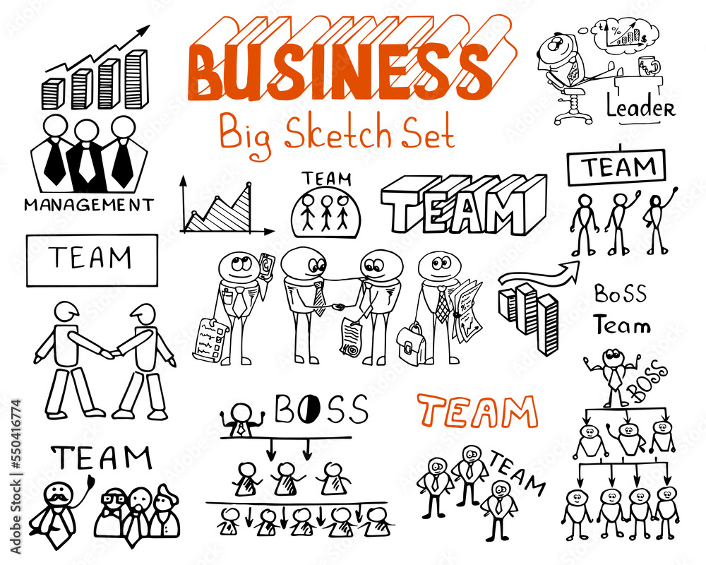 Big set of Business doodles icons: Office Manager; Agreement ...