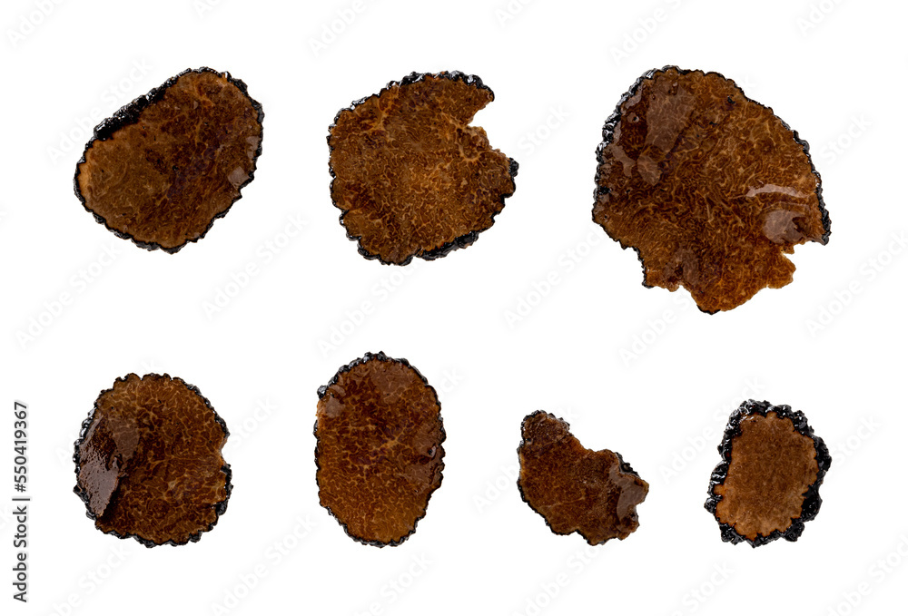 Set of black truffle slices in oil cutout. Truffle carpaccio variety ...