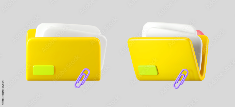 3d yellow computer file folder icon with blank document and clip paper ...
