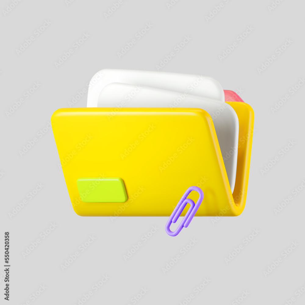 3d yellow computer file folder icon with blank document and clip paper ...