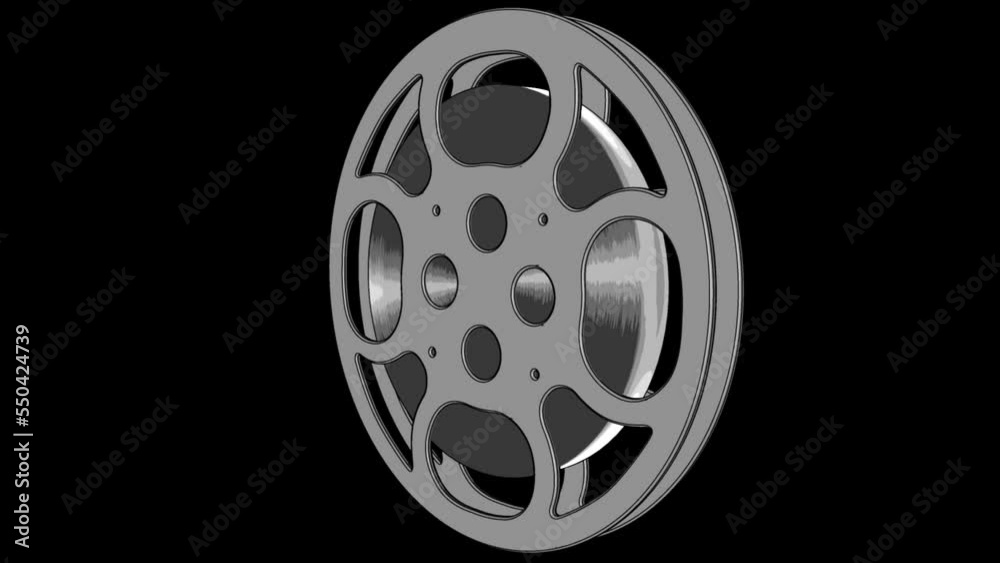 3D film reel animated as a sketch style cartoon. Embedded alpha channel ...