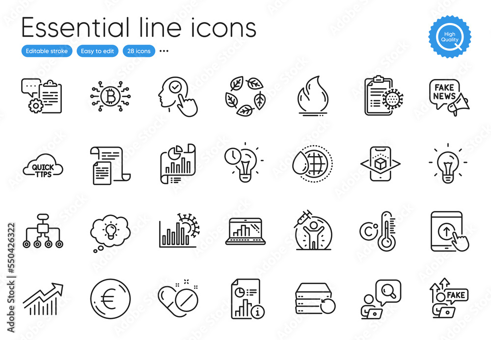 Demand curve, Recovery server and Vaccine protection line icons. Collection of Time management ...