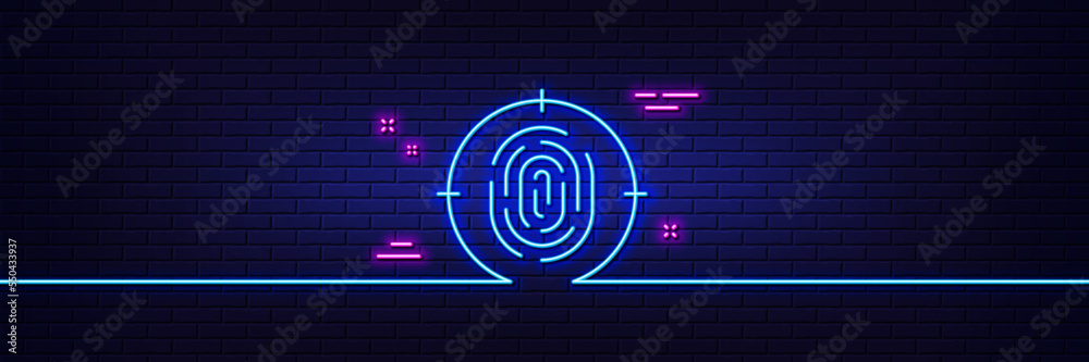 Neon light glow effect. Fingerprint line icon. Finger print target sign ...