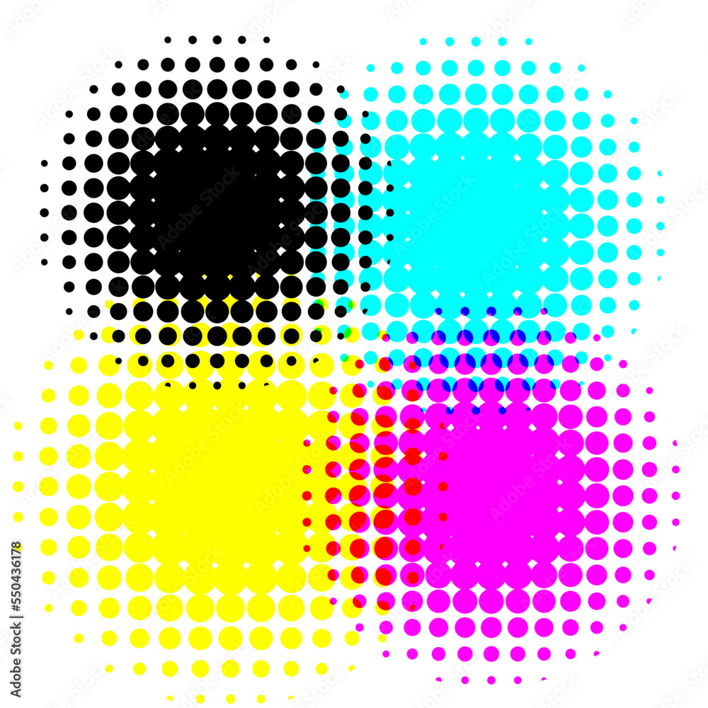 Halftone CMYK set of overlay backgrounds. Four colored vector blots ...