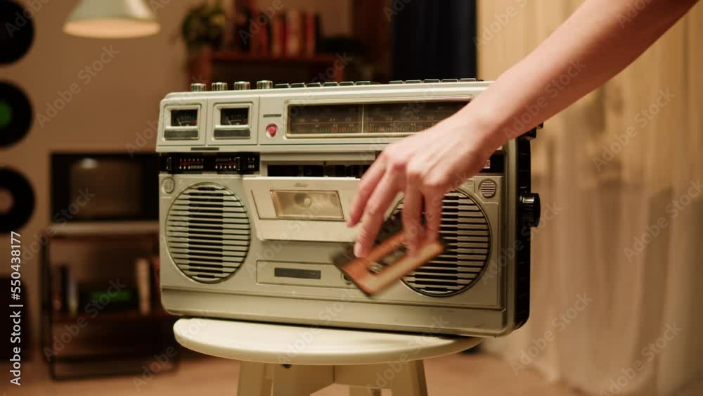 Stockvideo Retro radio tape recorder close-up. Listening to music, old ...