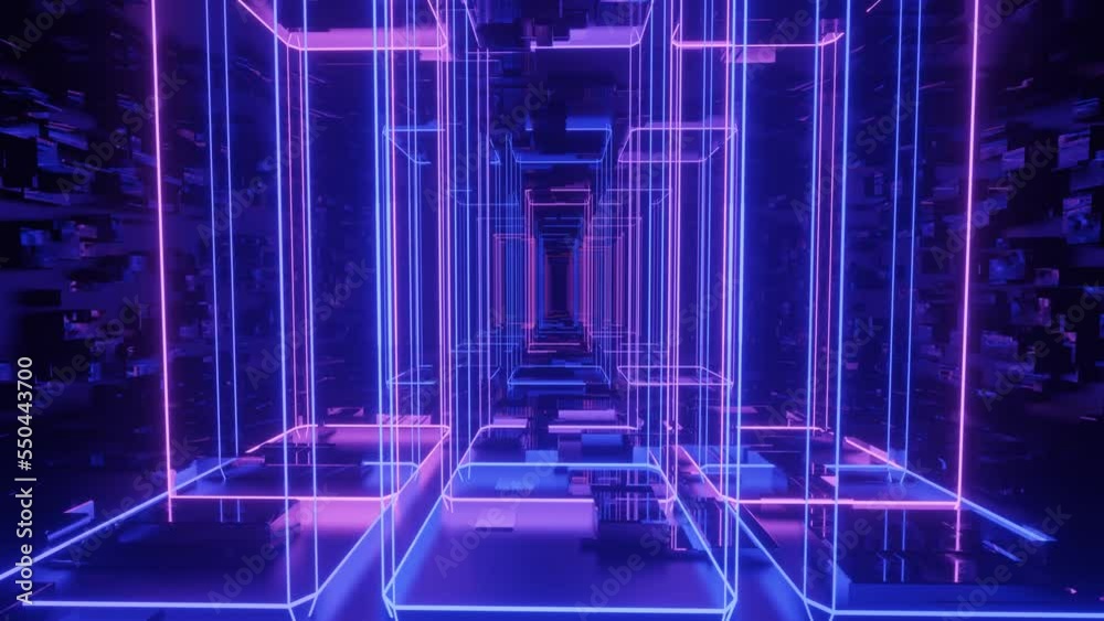 Hi-tech neon sci-fi tunel. Trendy neon glow lines form pattern and ...