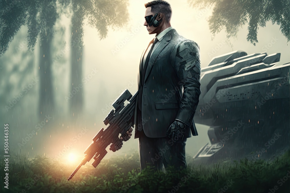 Masked man in a suit and tie with a rifle, green foliage and tank ...