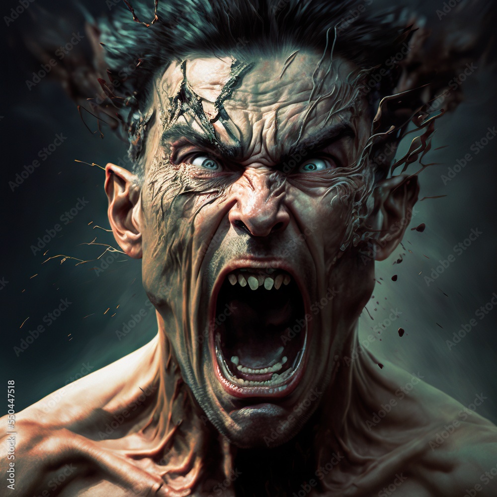 Raging madness, going insane. Digitally generated character portrait of ...