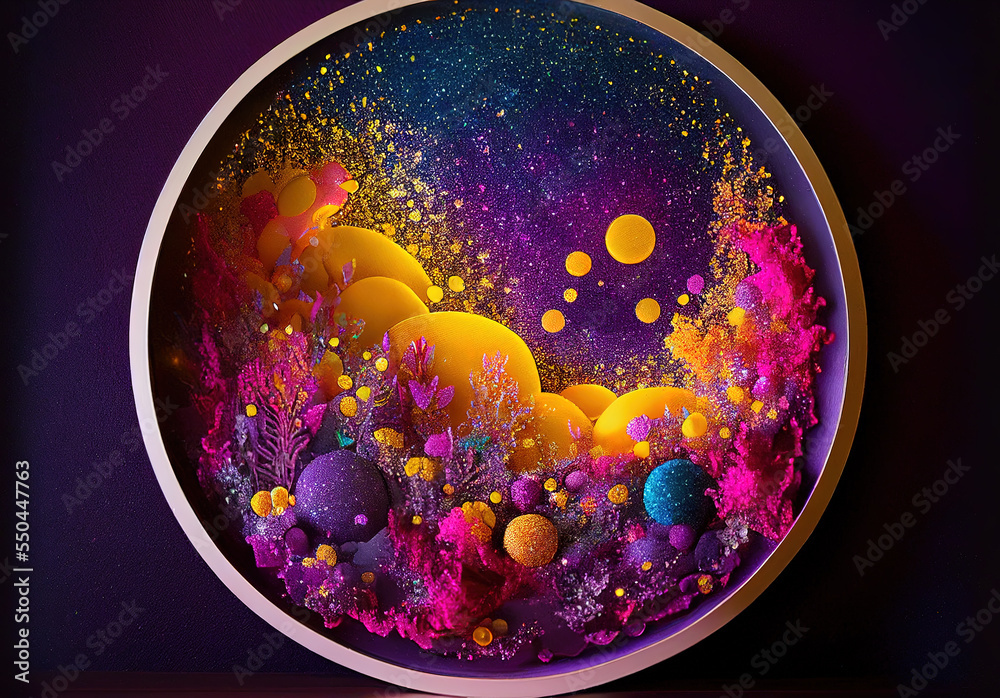 Kinetic sand abstract artwork in a circular golden frame, artistic mix ...