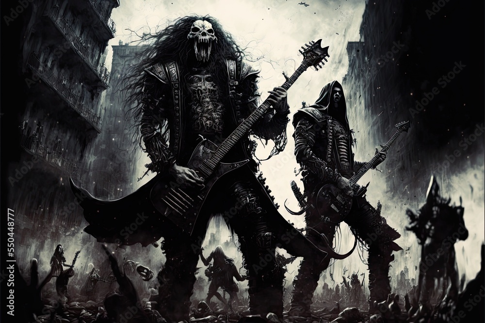 Black metal band playing a concert in the streets while the apocalypse ...
