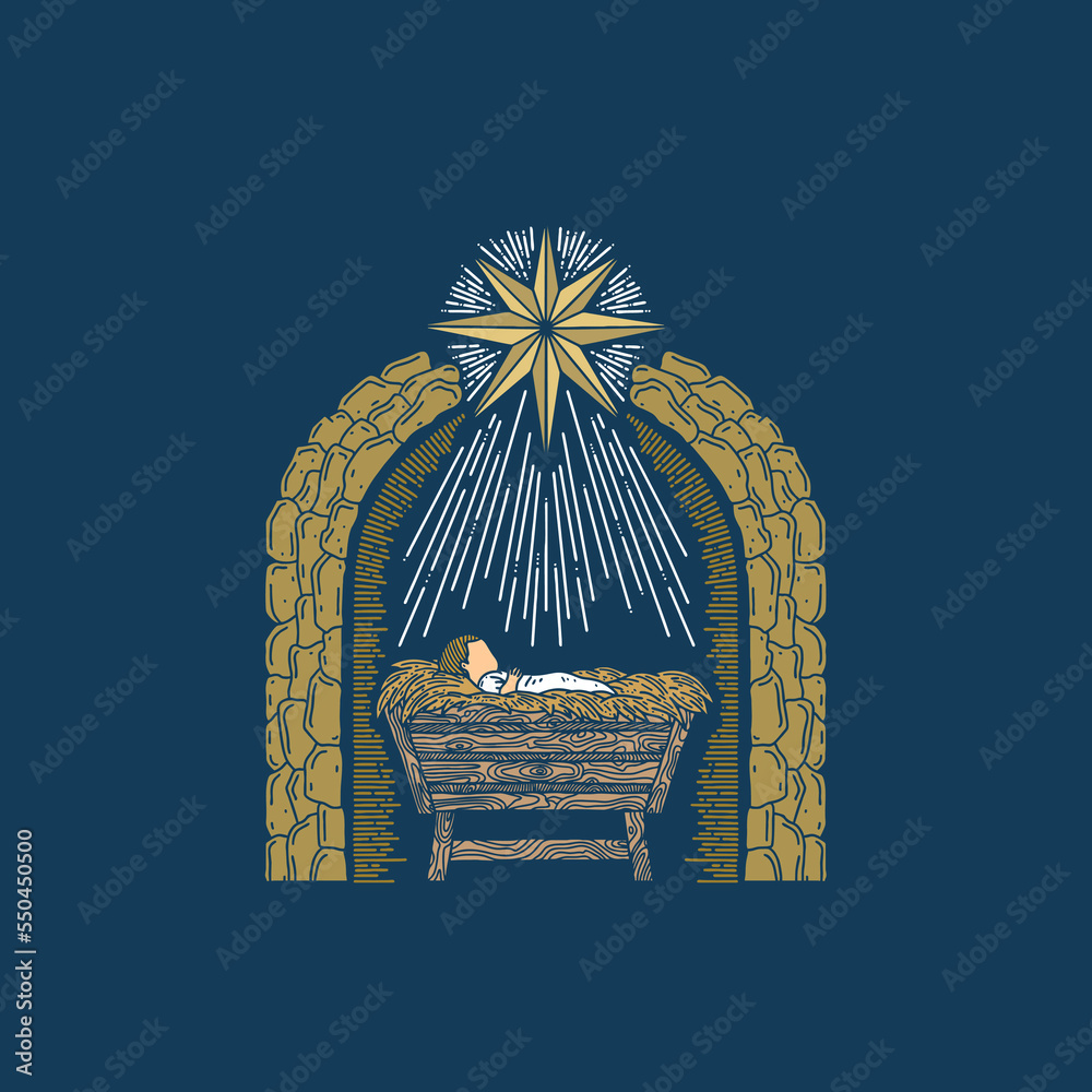 The Nativity Scene. A hand-drawn manger for the baby Jesus. The Star of ...