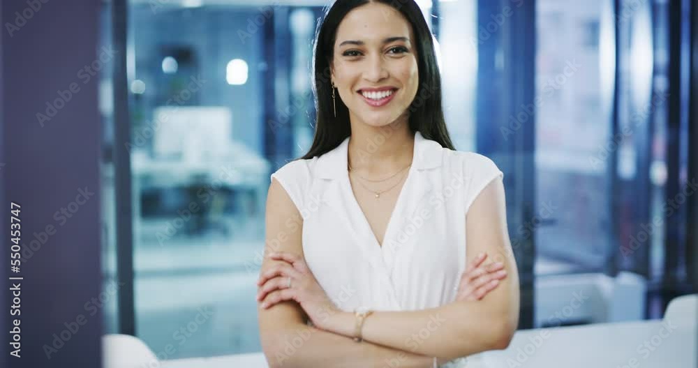 Success Mexican business creative woman arms crossed, smile and happy ...