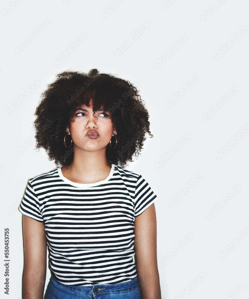 Question, thinking and confused black woman with doubt, stress or ...