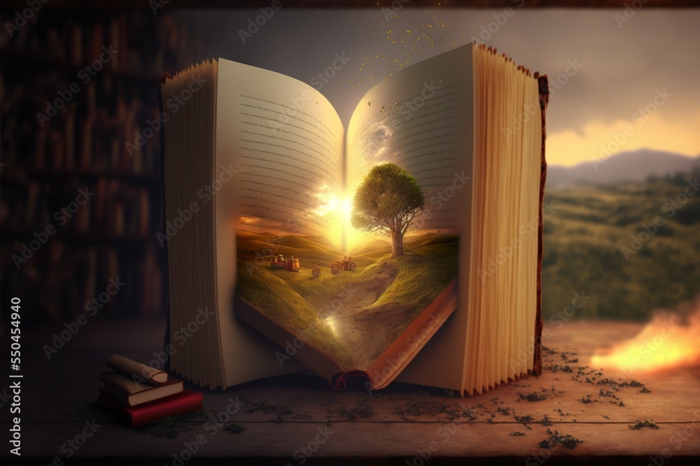 Story coming alive: nature coming out of an old yellowish book, banner ...