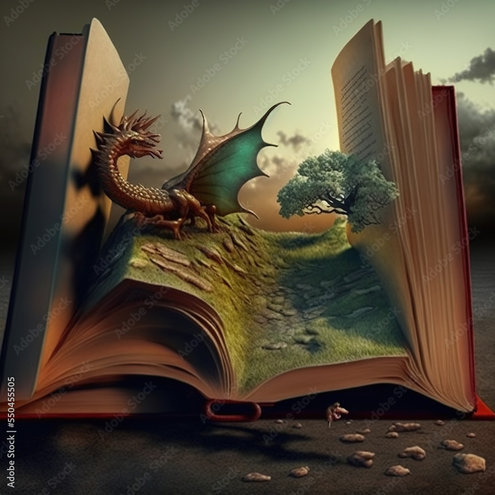 Dragon story coming alive, dragon rises from pages of an old book Stock ...